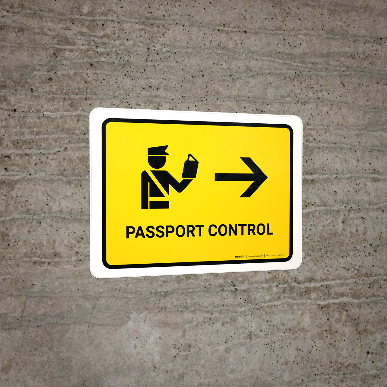 Passport Control With Right Arrow Yellow Landscape - Wall Sign