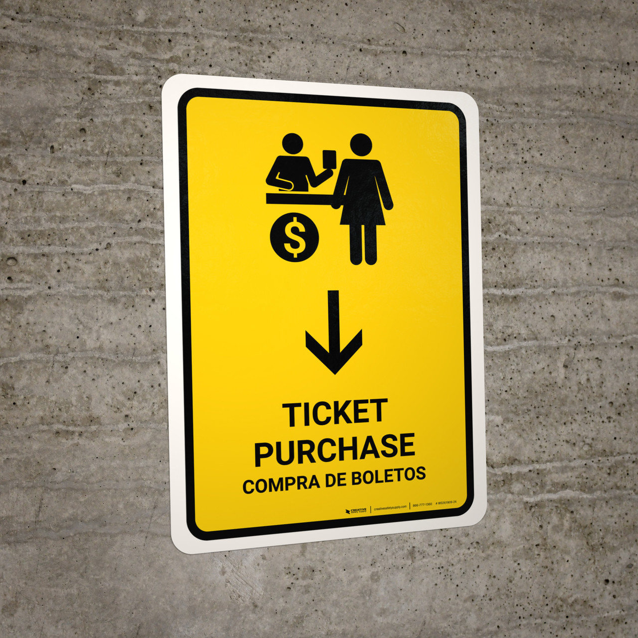 Ticket Purchase With Down Arrow Yellow Bilingual Portrait - Wall Sign ...