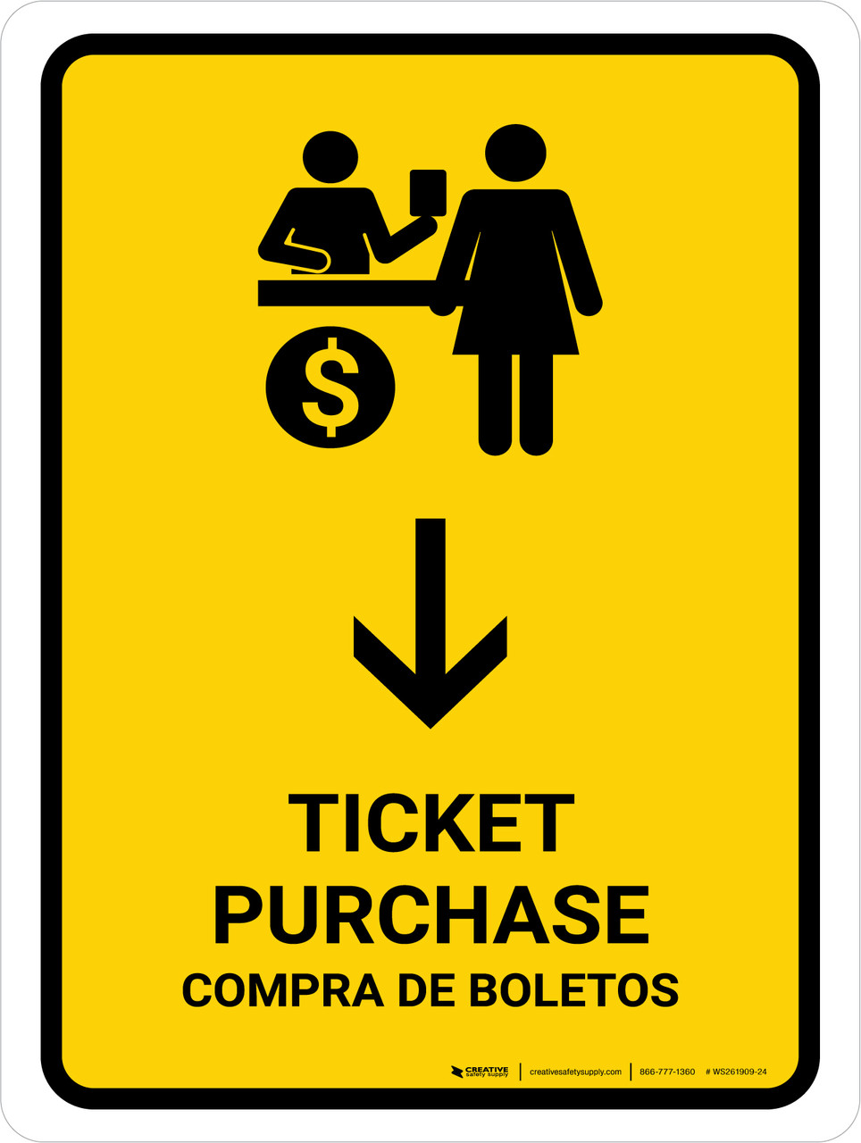 Ticket Purchase With Down Arrow Yellow Bilingual Portrait - Wall Sign ...