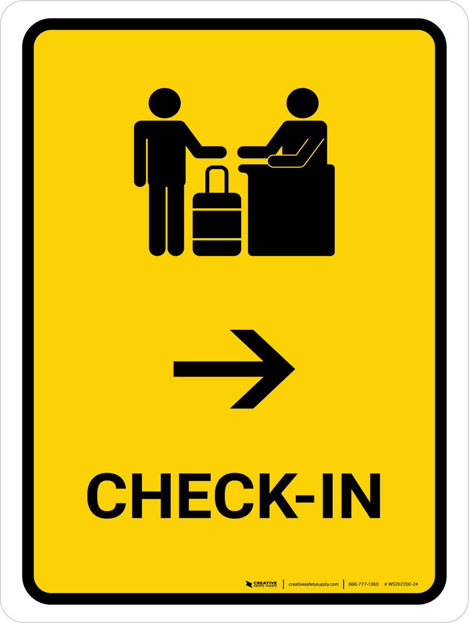 Check-In With Right Arrow Yellow Portrait - Wall Sign