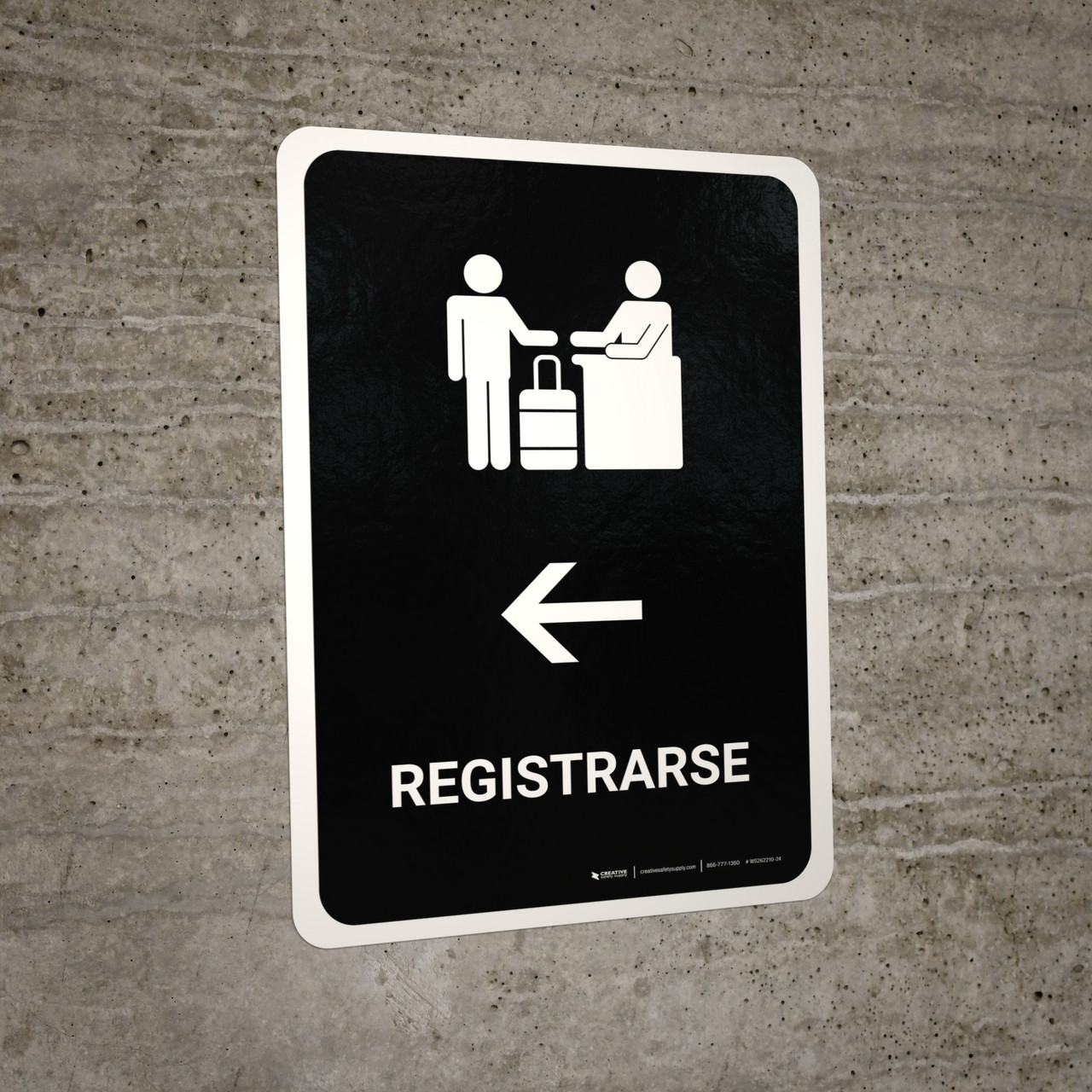 Check-In With Left Arrow Black Spanish Portrait - Wall Sign