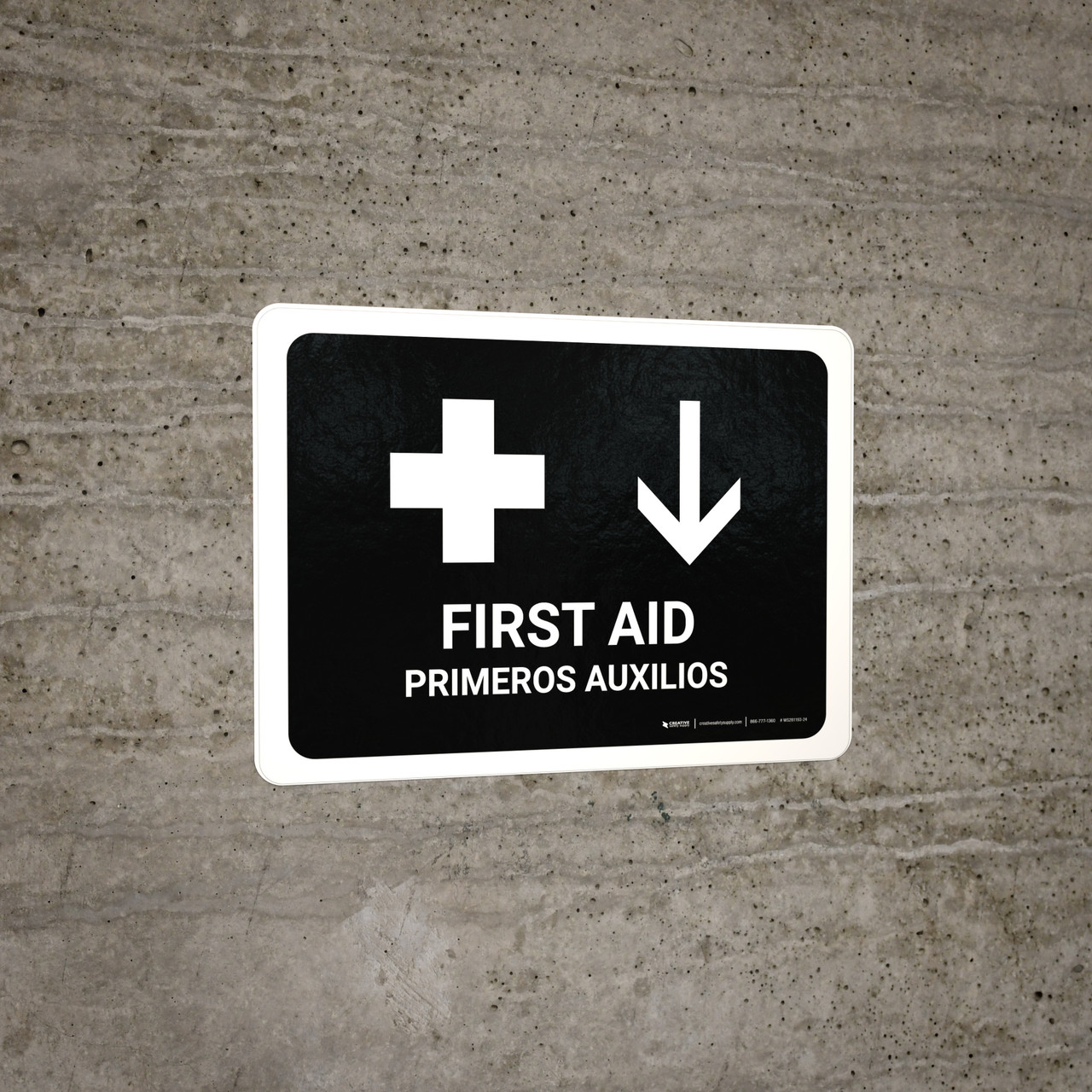 First Aid With Down Arrow Black Bilingual Landscape - Wall Sign ...