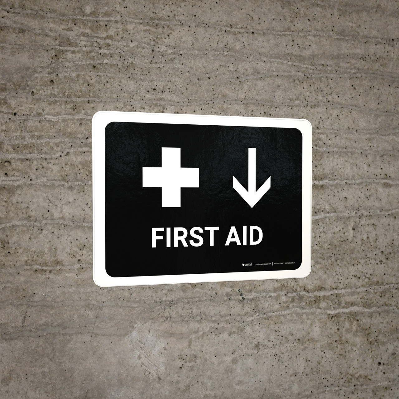 First Aid With Down Arrow Black Landscape - Wall Sign | Creative Safety ...