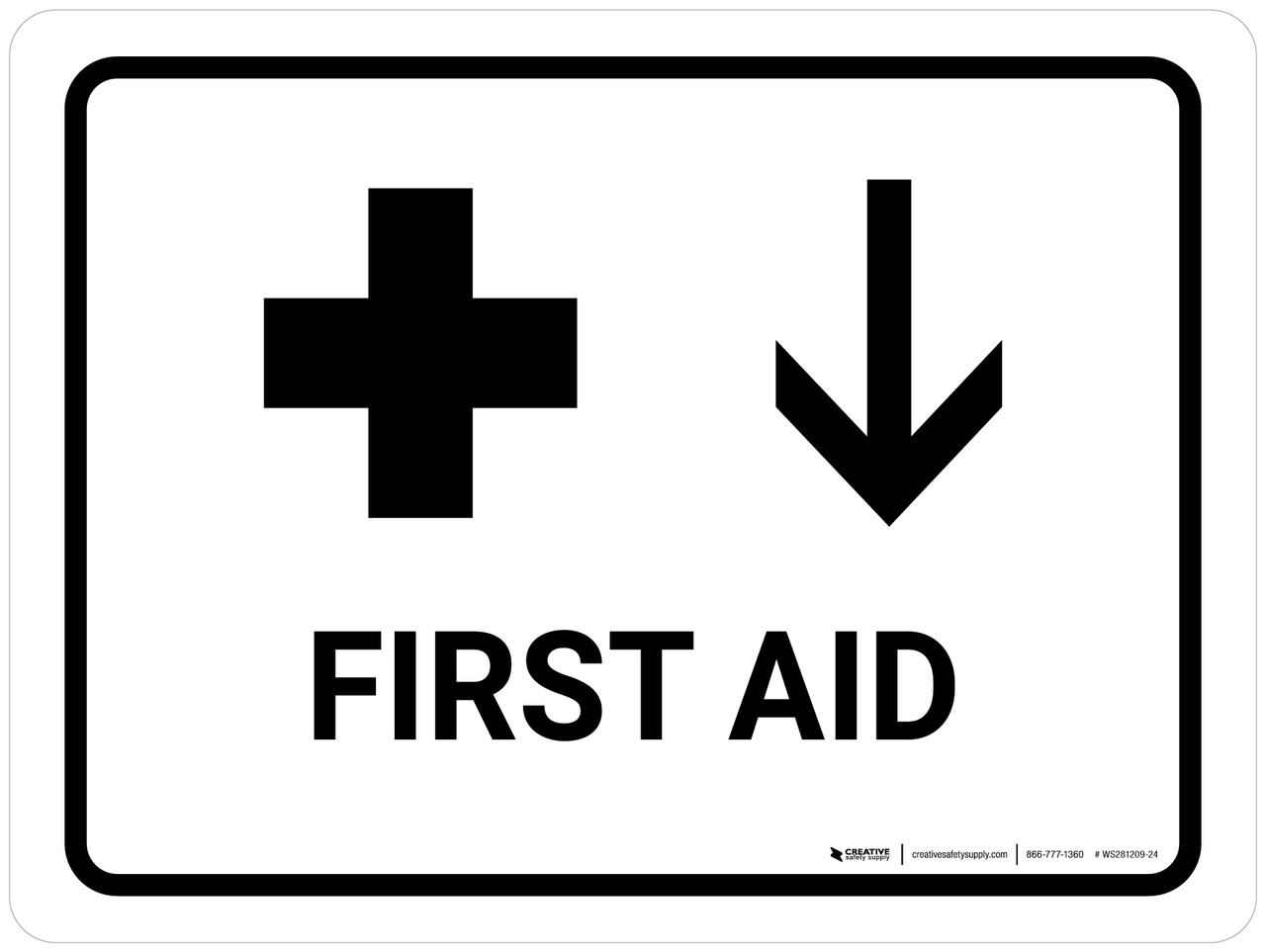 First Aid With Down Arrow White Landscape - Wall Sign