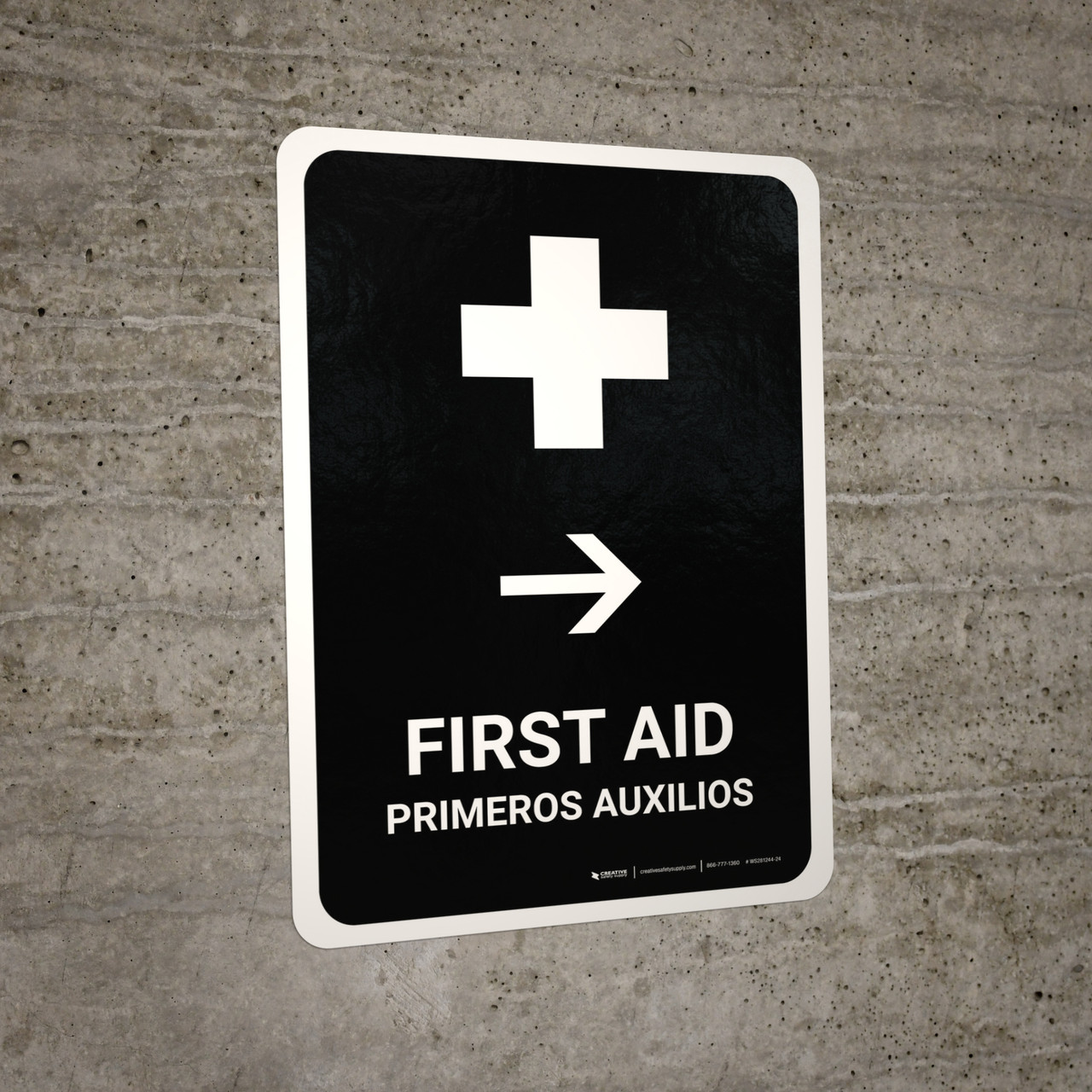First Aid With Right Arrow Black Bilingual Spanish Portrait - Wall Sign