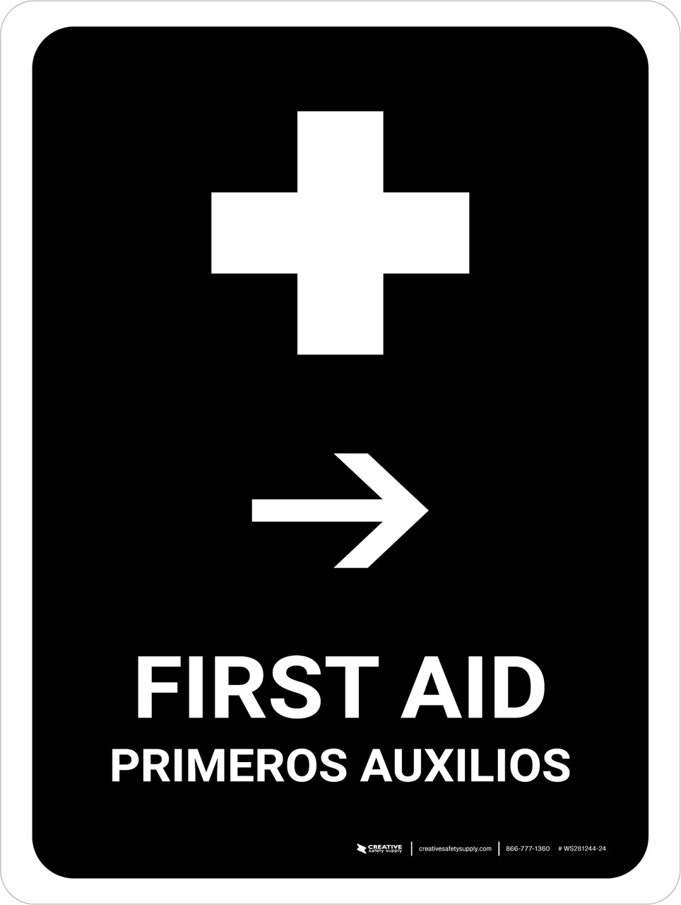 First Aid With Right Arrow Black Bilingual Spanish Portrait - Wall Sign