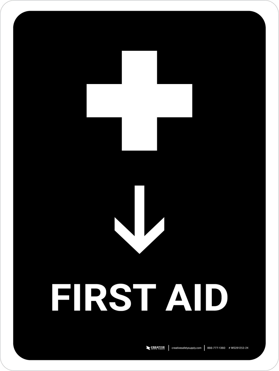 First Aid With Down Arrow Black Portrait - Wall Sign