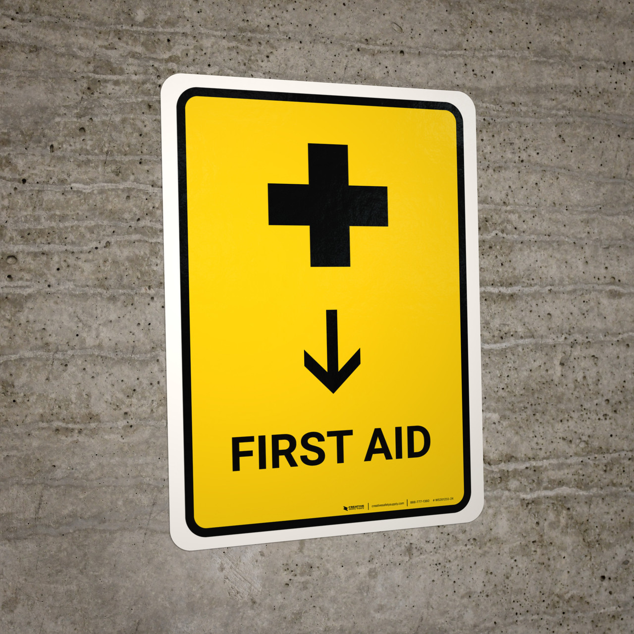 First Aid With Down Arrow Yellow Portrait - Wall Sign