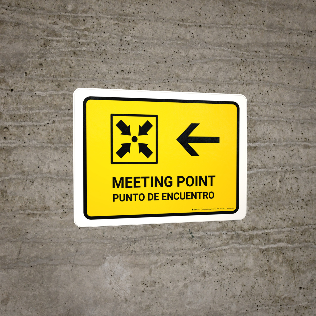 Meeting Point With Left Arrow Yellow Bilingual Landscape - Wall Sign