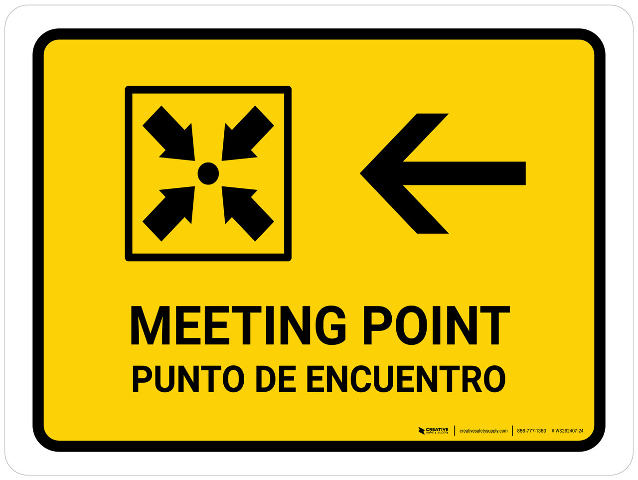 Meeting Point With Left Arrow Yellow Bilingual Landscape - Wall Sign