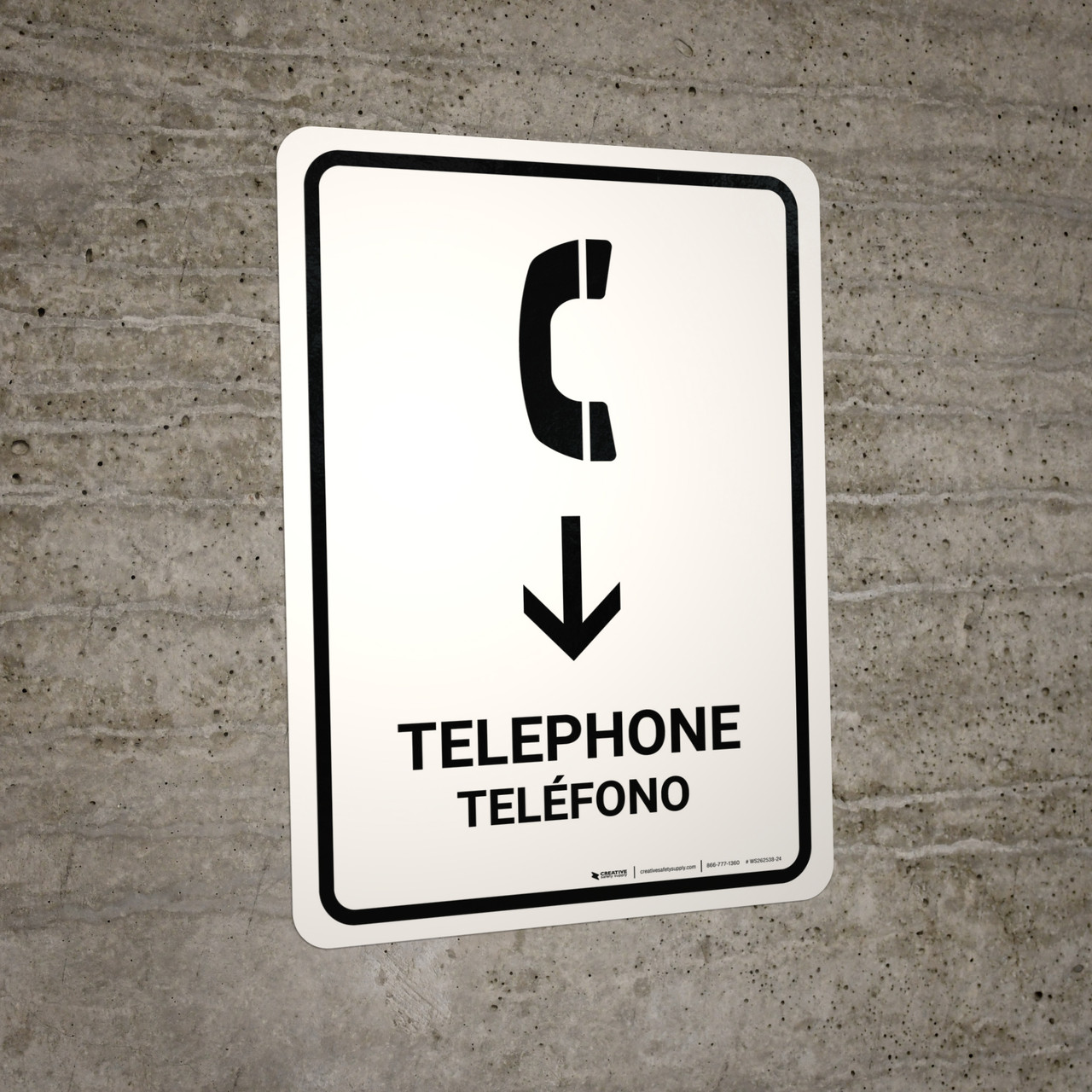 Telephone With Down Arrow White Bilingual Spanish Portrait - Wall Sign