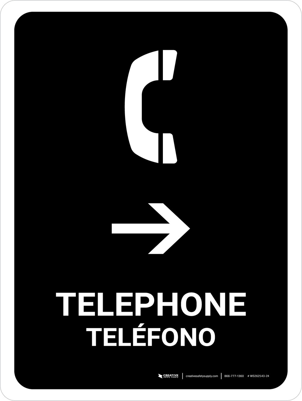 Telephone With Right Arrow Black Bilingual Spanish Portrait - Wall Sign
