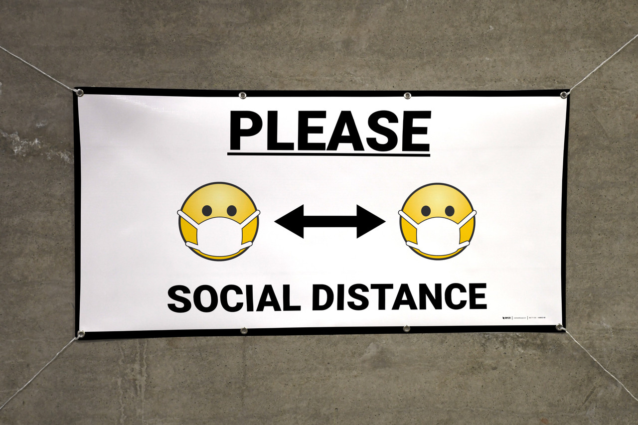 Please Social Distance with Facemask Emojis White - Banner