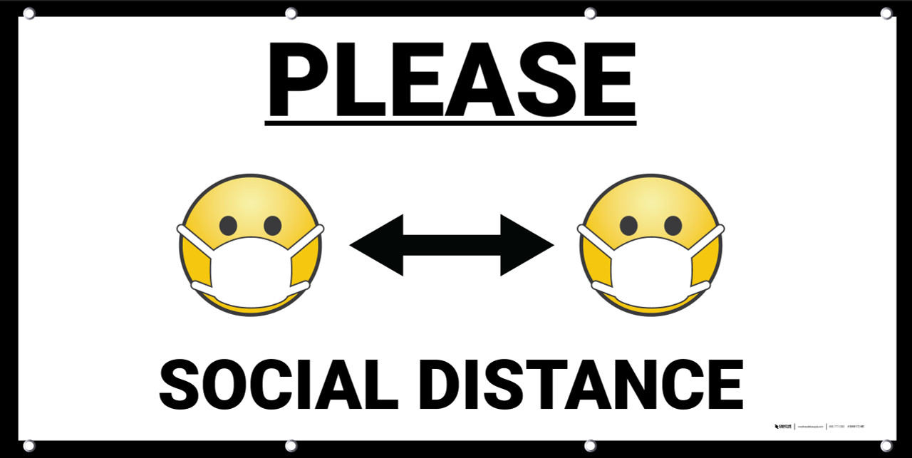 Please Social Distance with Facemask Emojis White - Banner