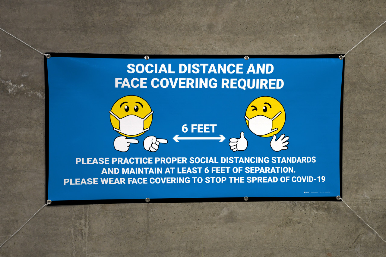 Social Distance and Face Covering Required with Emojis Blue - Banner ...