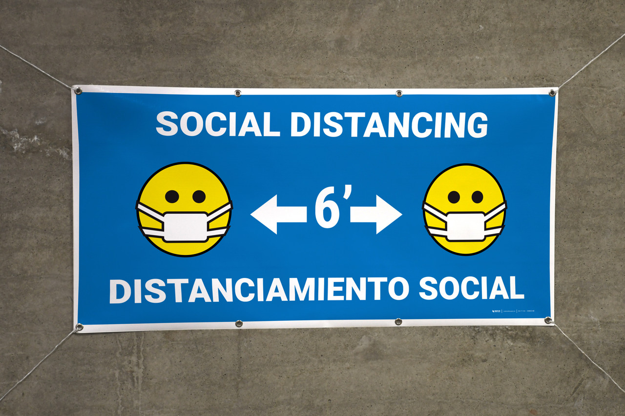 Social Distancing Bilingual Spanish Blue with Facemask Emojis - Banner