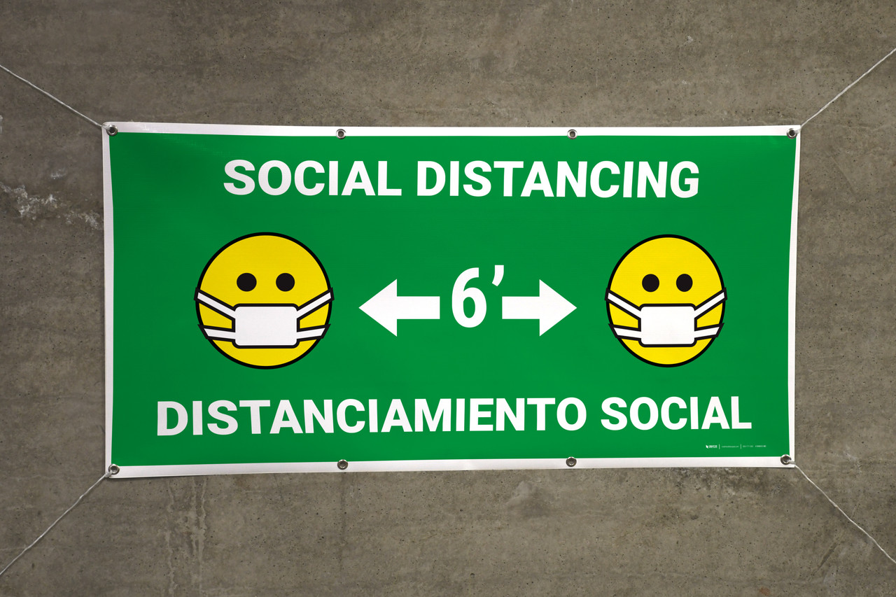 Social Distancing Bilingual Spanish Green with Facemask Emojis - Banner ...