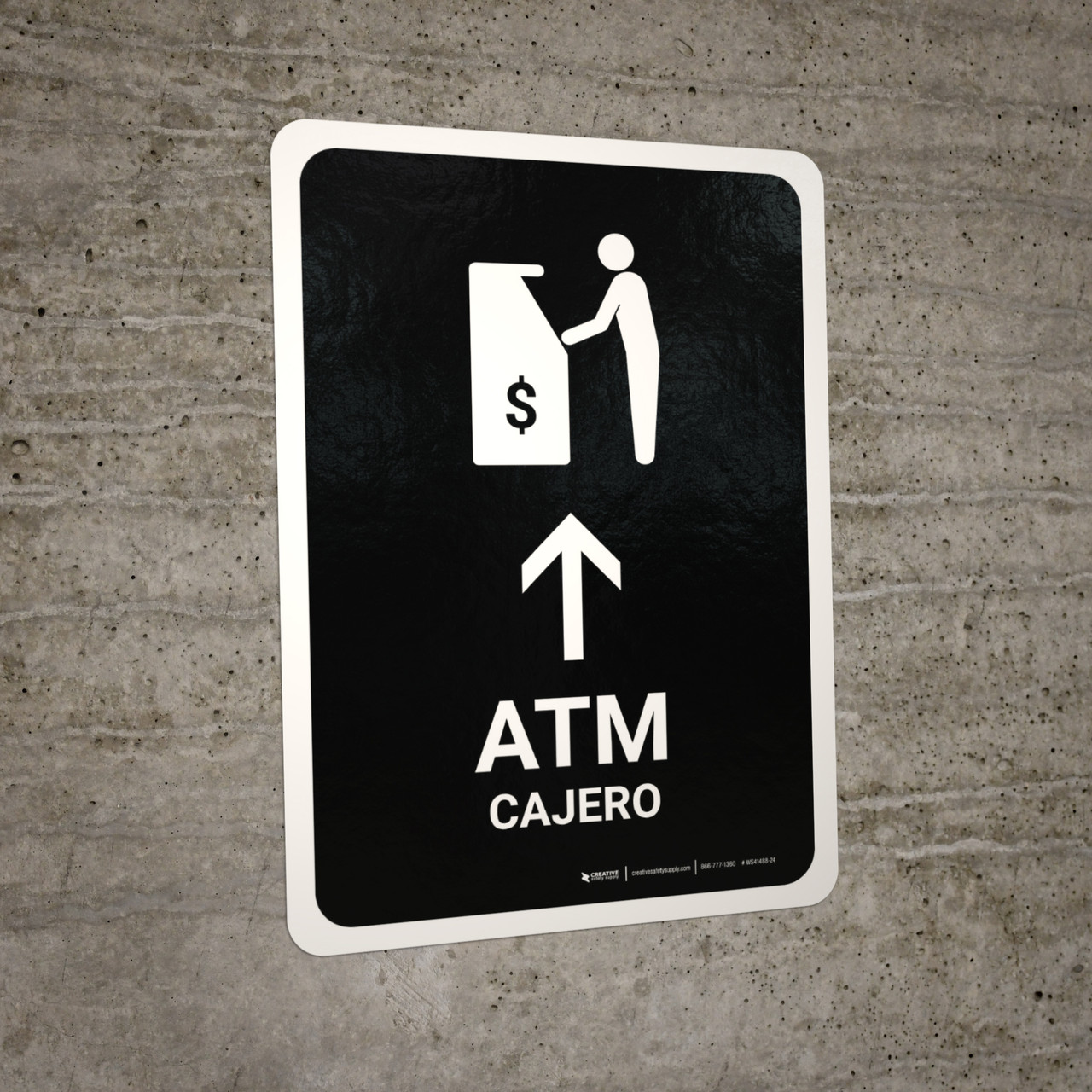 ATM With Up Arrow Black Bilingual Portrait - Wall Sign
