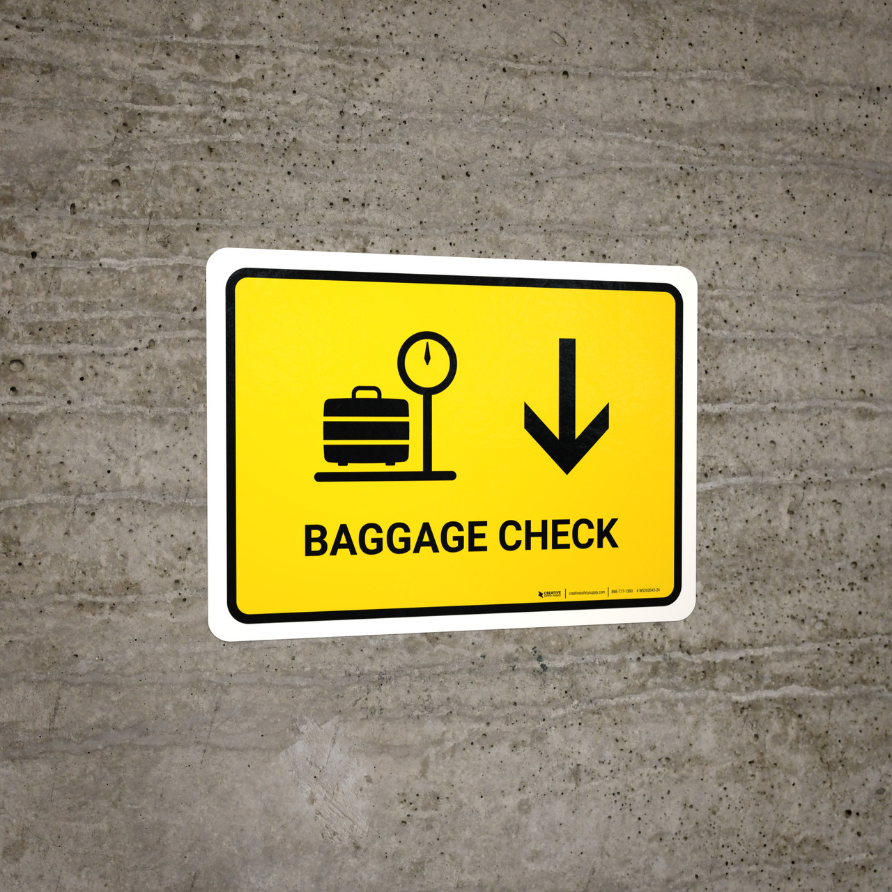 Baggage Check With Down Arrow Yellow Landscape - Wall Sign