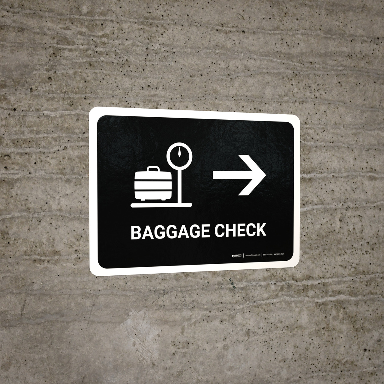 Baggage Check With Right Arrow Black Landscape - Wall Sign