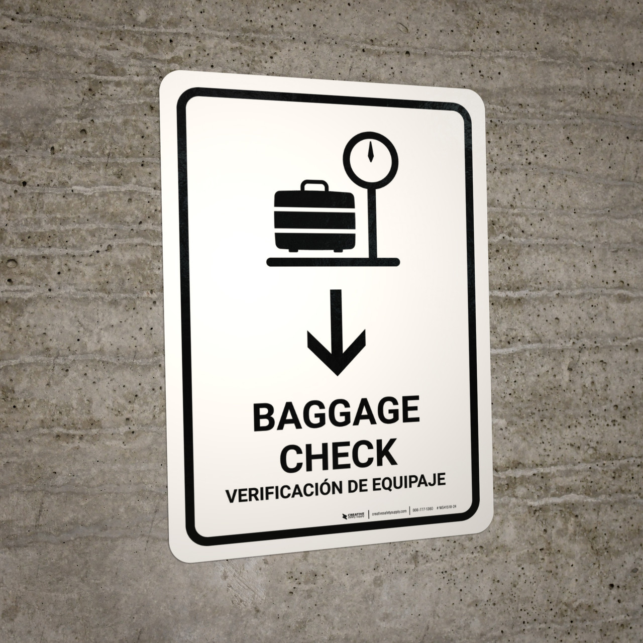 Baggage Check With Down Arrow White Bilingual Spanish Portrait - Wall Sign