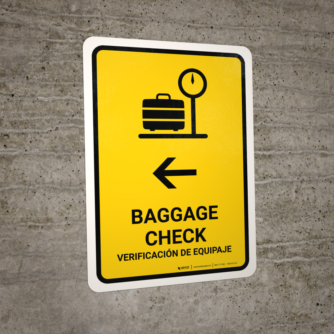 Baggage Check With Left Arrow Yellow Bilingual Portrait - Wall Sign