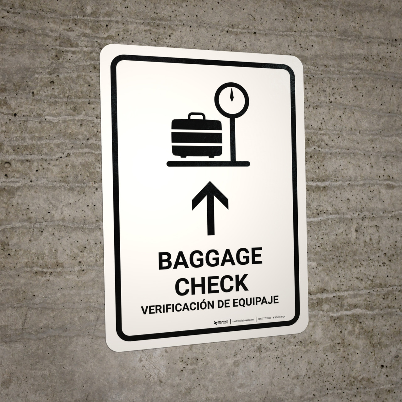Baggage Check With Up Arrow White Bilingual Spanish Portrait - Wall Sign
