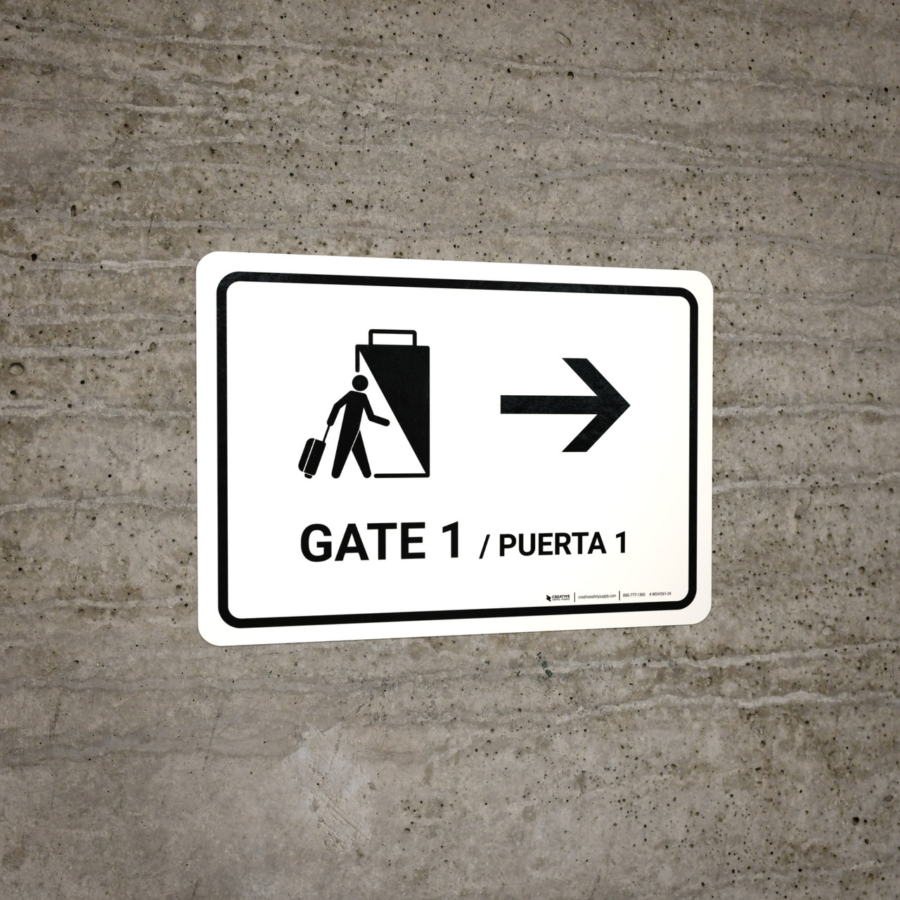 Gate 1 With Right Arrow White Bilingual Landscape - Wall Sign