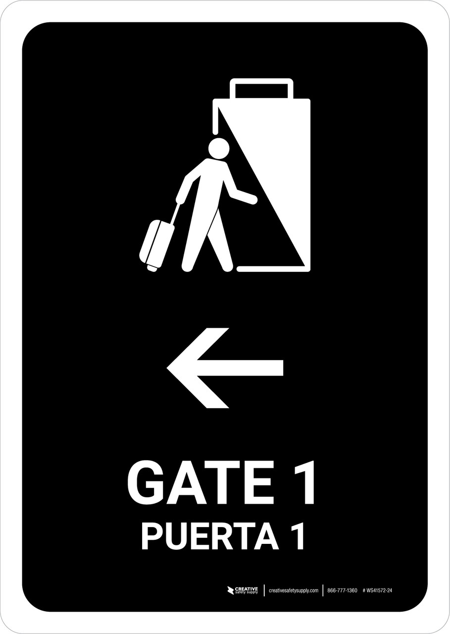 Gate 1 With Left Arrow Black Bilingual Spanish Portrait - Wall Sign ...