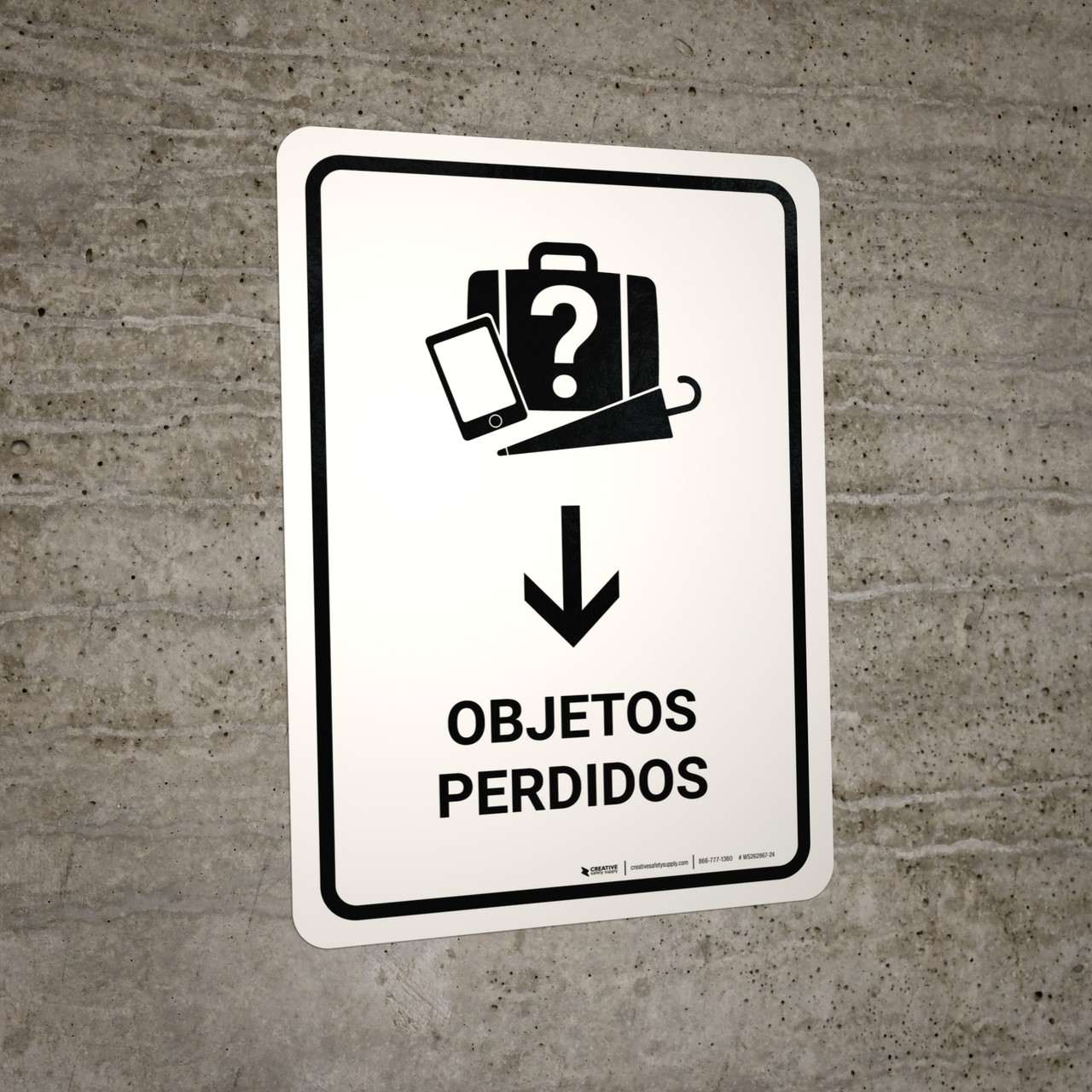 Lost And Found With Down Arrow White Spanish Portrait - Wall Sign