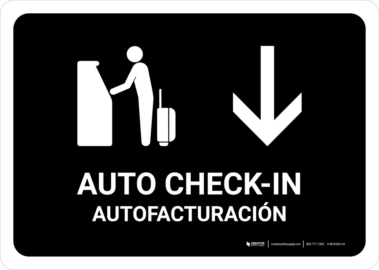 Auto Check In With Down Arrow Black Bilingual Spanish Landscape - Wall Sign