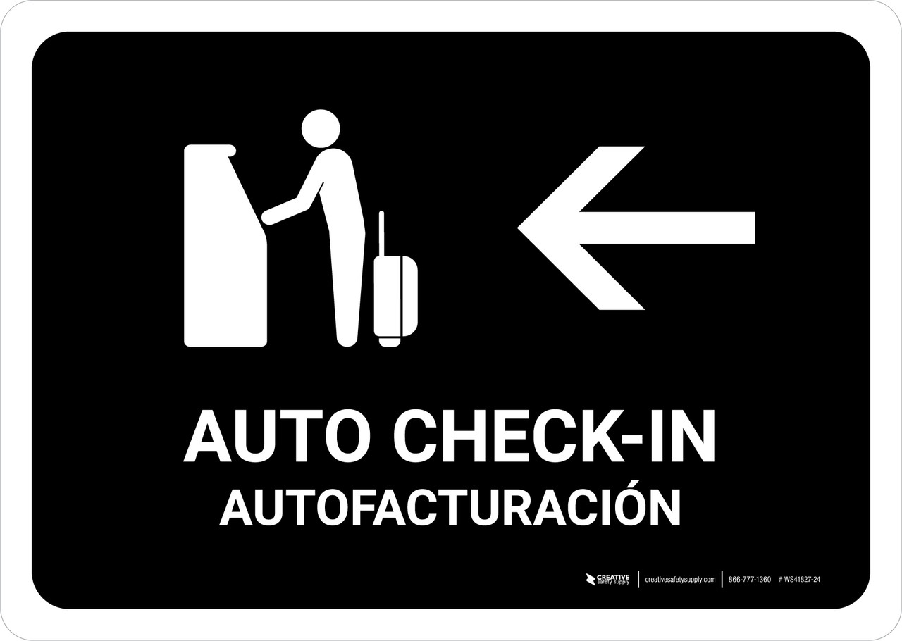 Auto Check In With Left Arrow Black Bilingual Spanish Landscape - Wall Sign