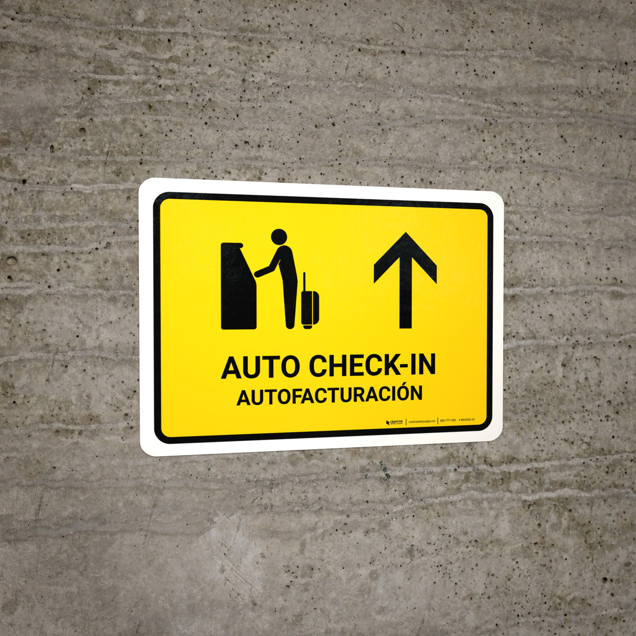 Auto Check In With Up Arrow Yellow Bilingual Spanish Landscape - Wall Sign