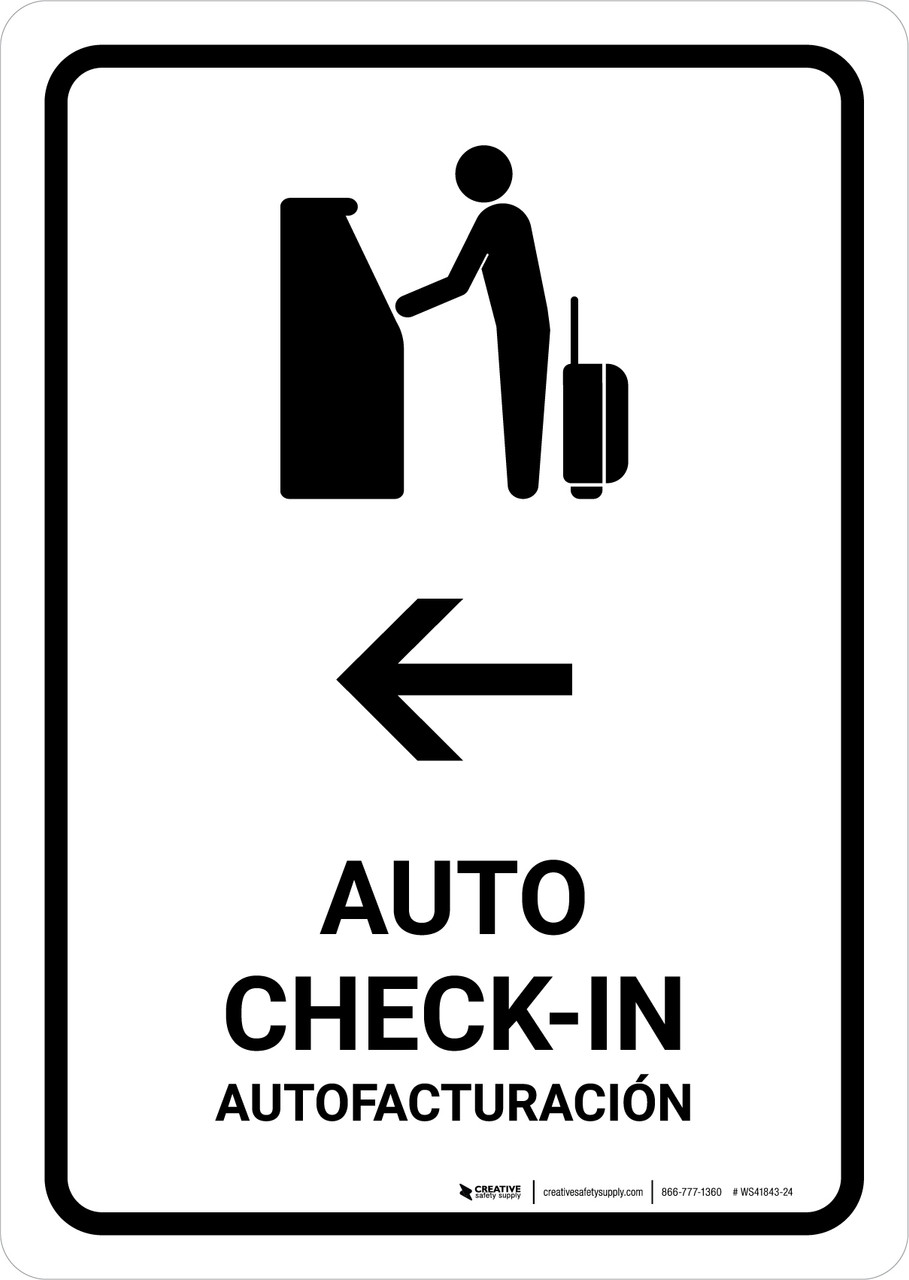 Auto Check In With Left Arrow White Bilingual Spanish Portrait - Wall Sign