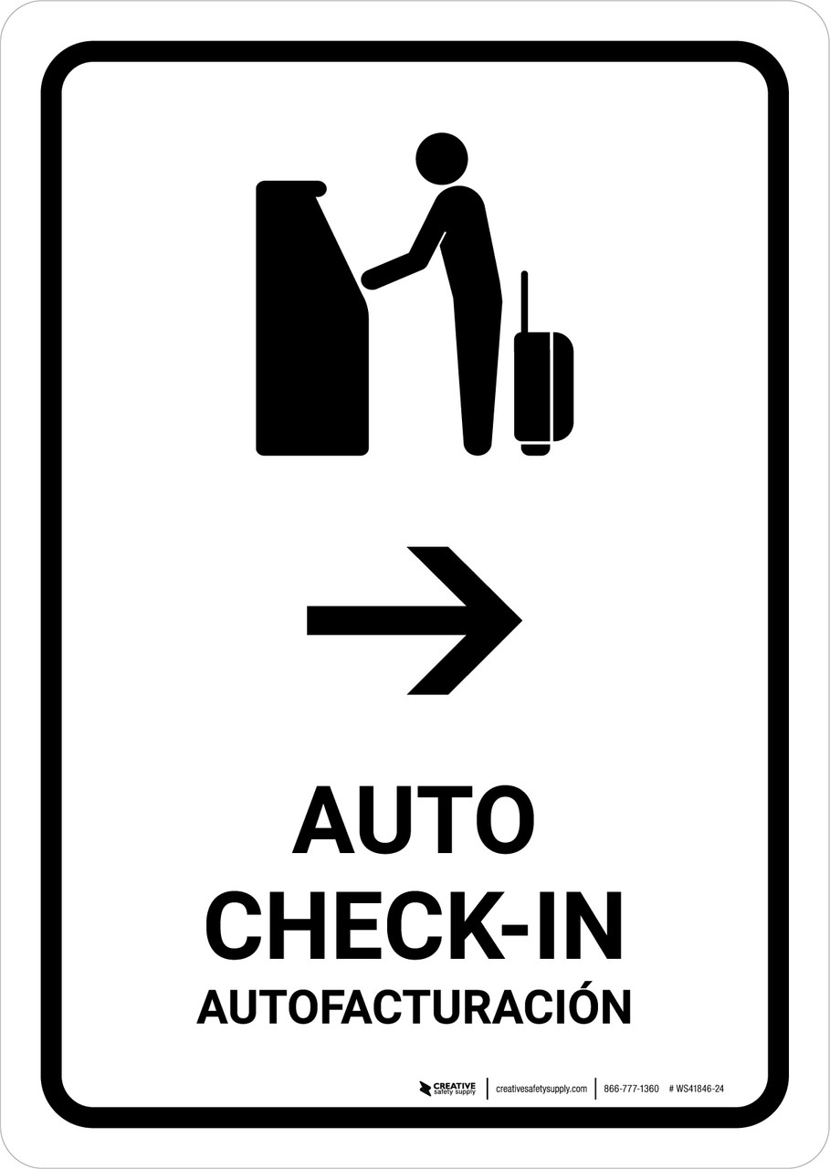 Auto Check In With Right Arrow White Bilingual Spanish Portrait - Wall Sign