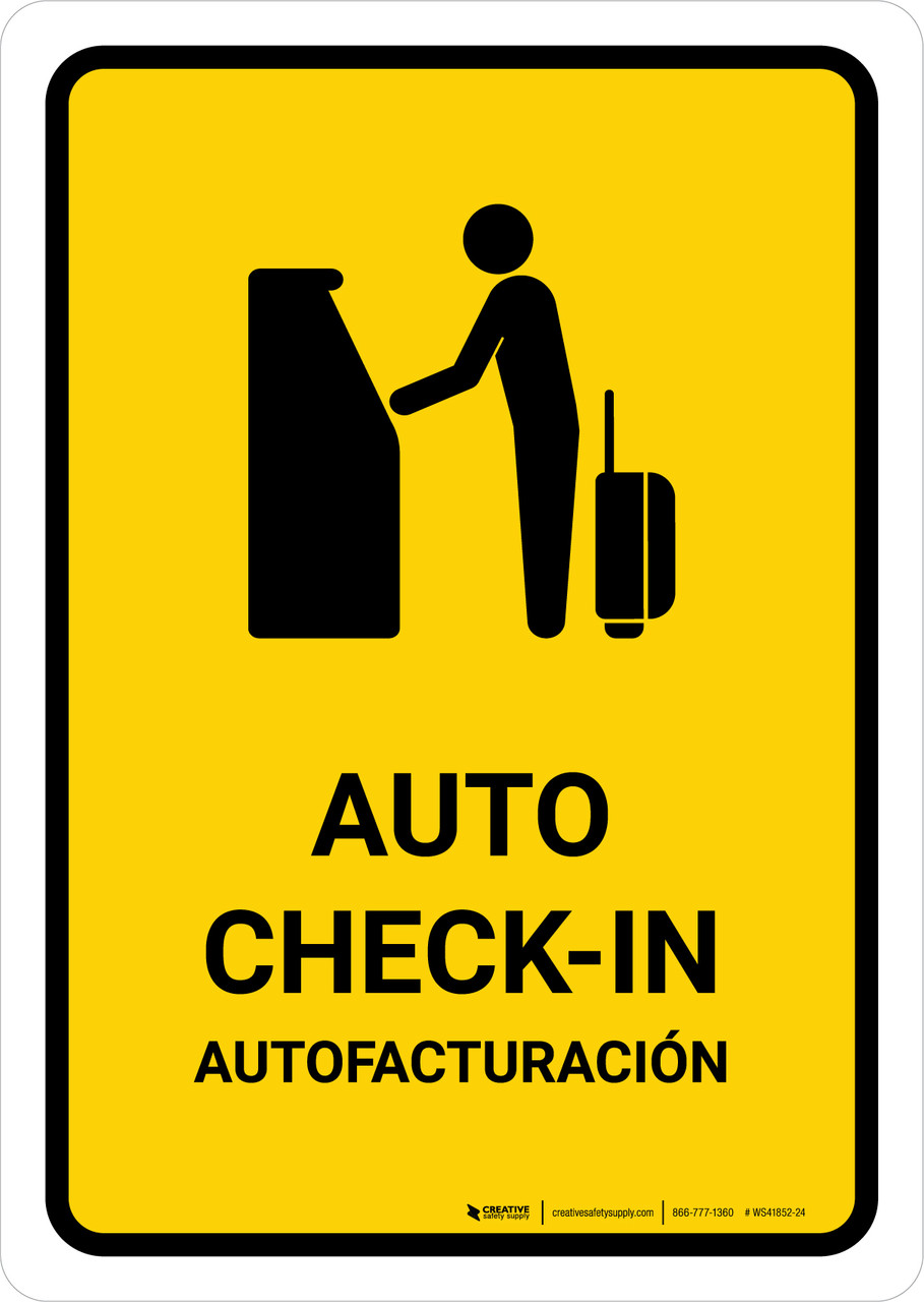 Auto Check In Yellow Bilingual Spanish Portrait - Wall Sign