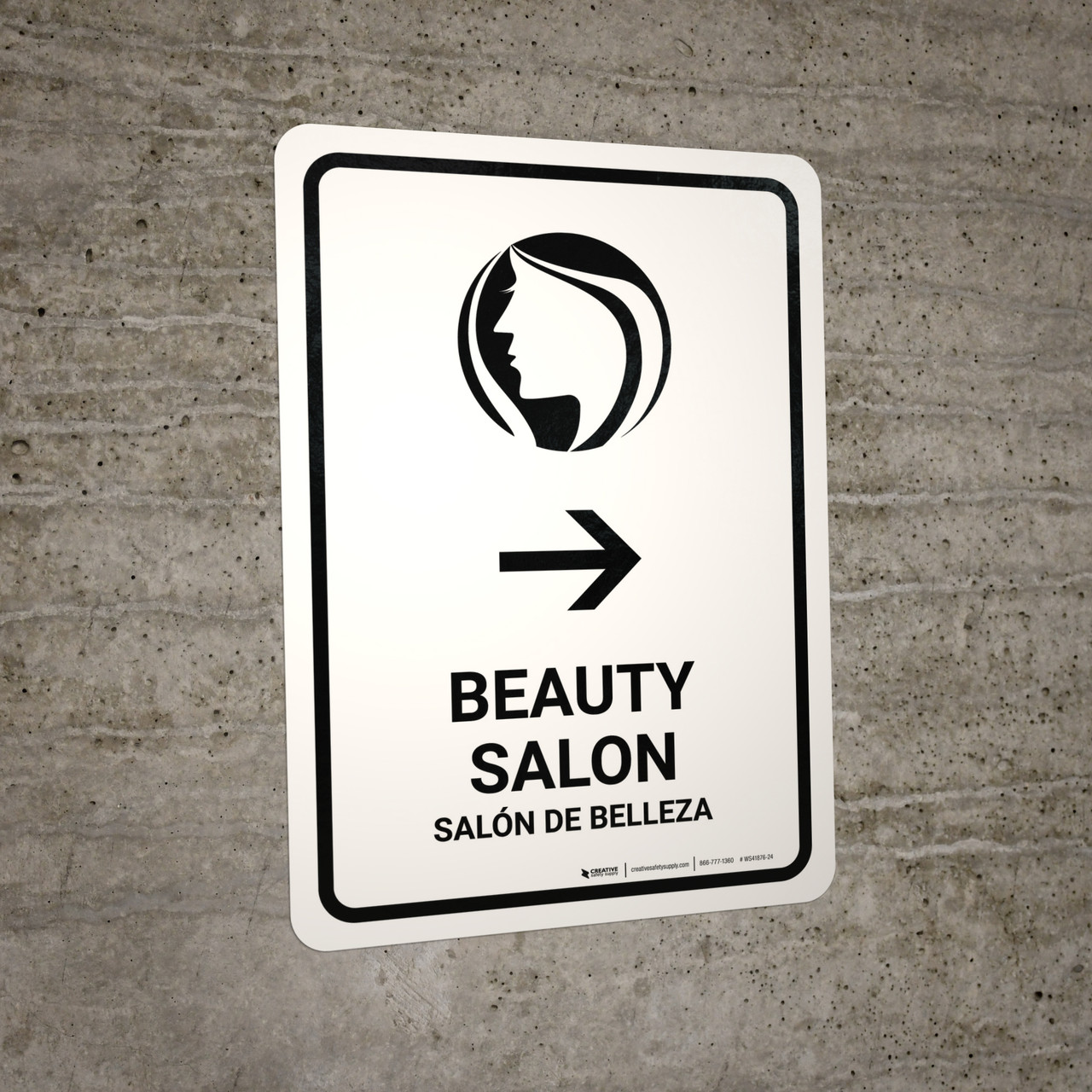 Beauty Salon With Right Arrow White Bilingual Spanish Portrait - Wall Sign