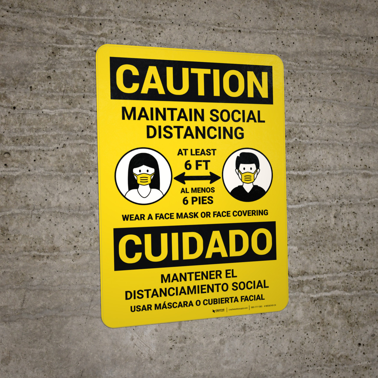 Caution: Maintain Social Distancing Bilingual Spanish Portrait - Wall Sign