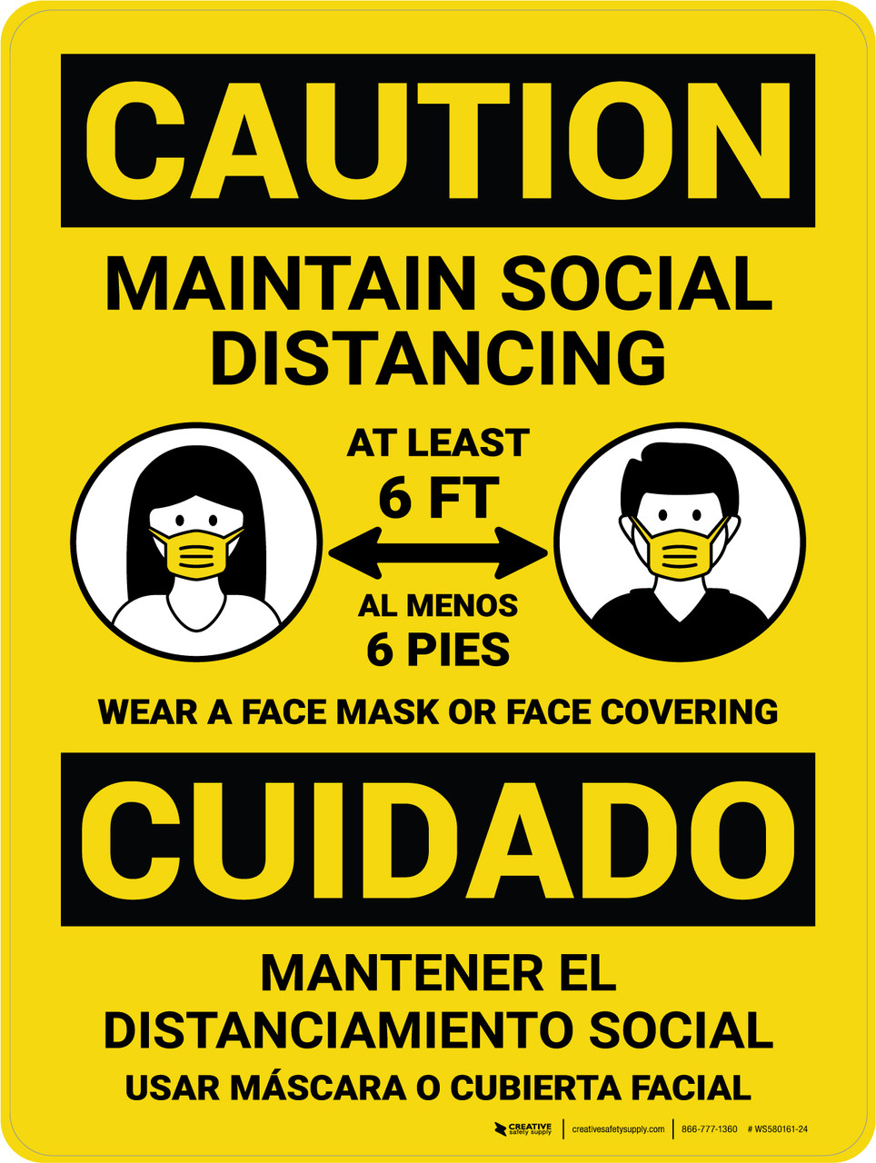 Caution: Maintain Social Distancing Bilingual Spanish Portrait - Wall Sign