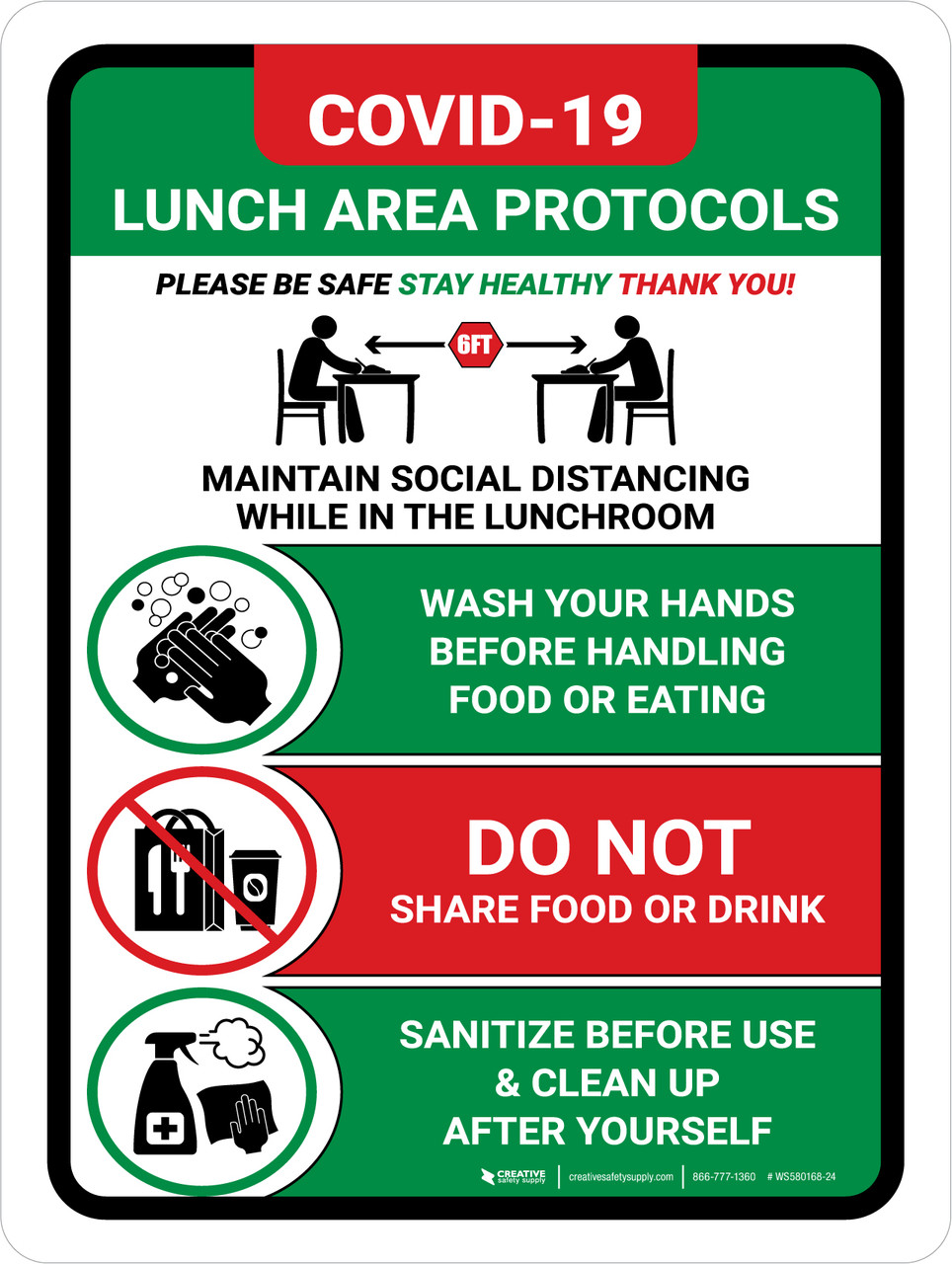 Covid-19 Lunch Area Protocols Green Portrait - Wall Sign