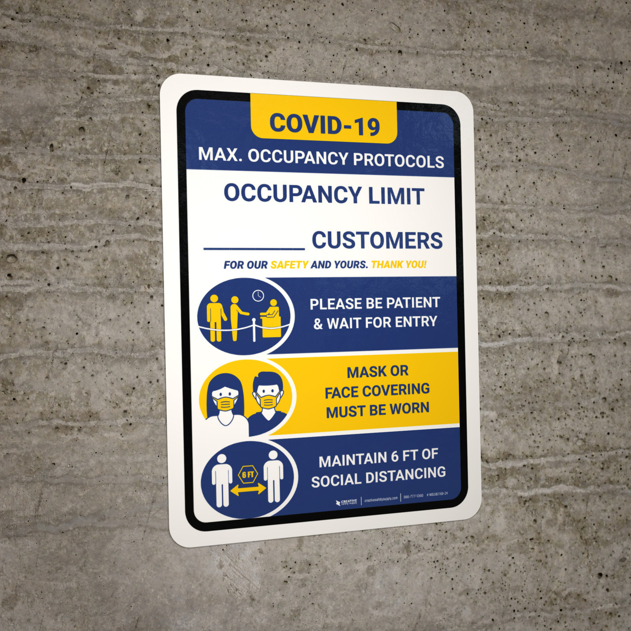Covid-19 Max. Occupancy Limit Blue Portrait - Wall Sign