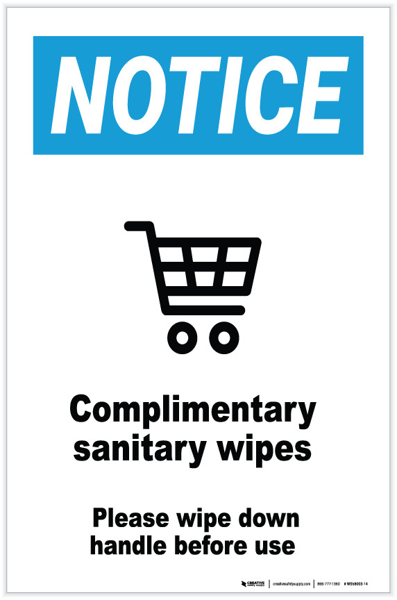 Notice: Sanitary Wipes Please Wipe Cart Handle Before Uses - Label