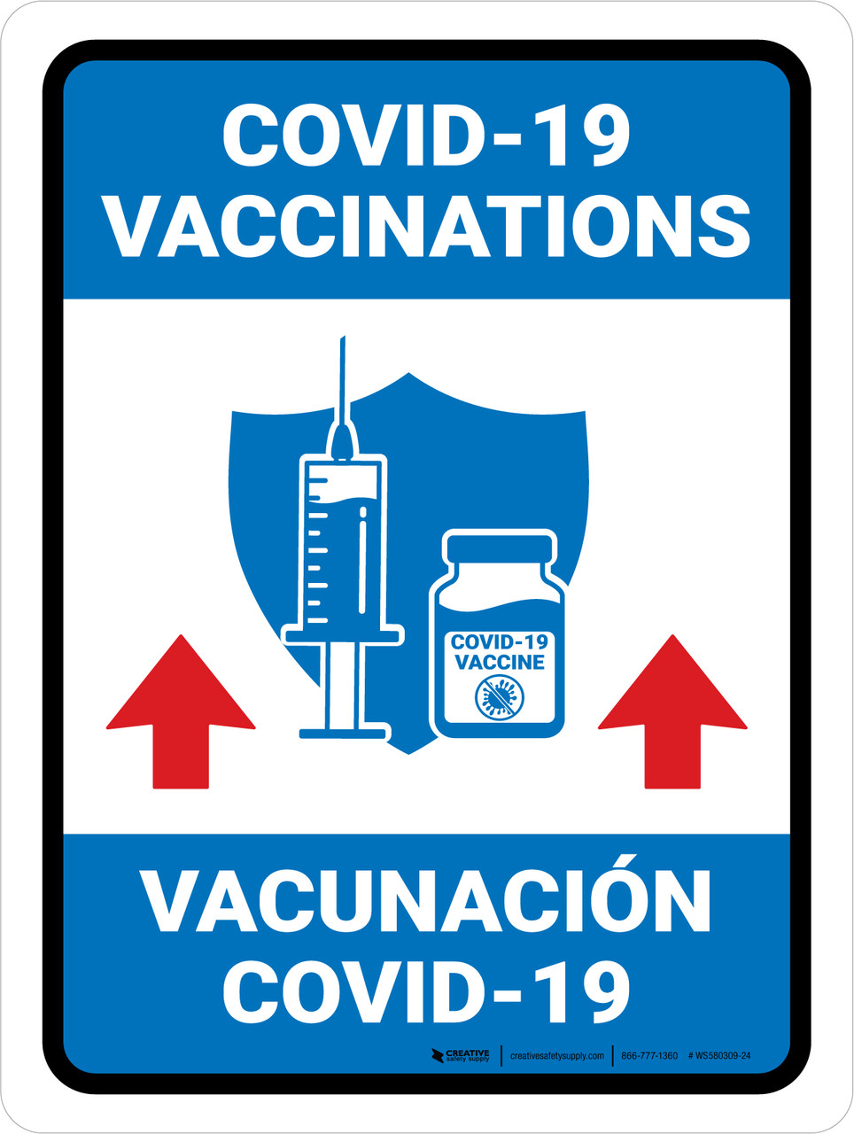 Covid-19 Vaccinations Up Arrow Bilingual Spanish Portrait - Wall Sign