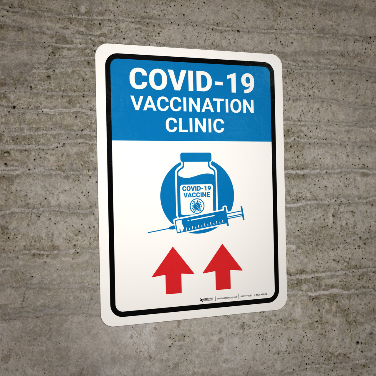 Covid-19 Vaccination Clinic Up Arrow Blue Portrait - Wall Sign