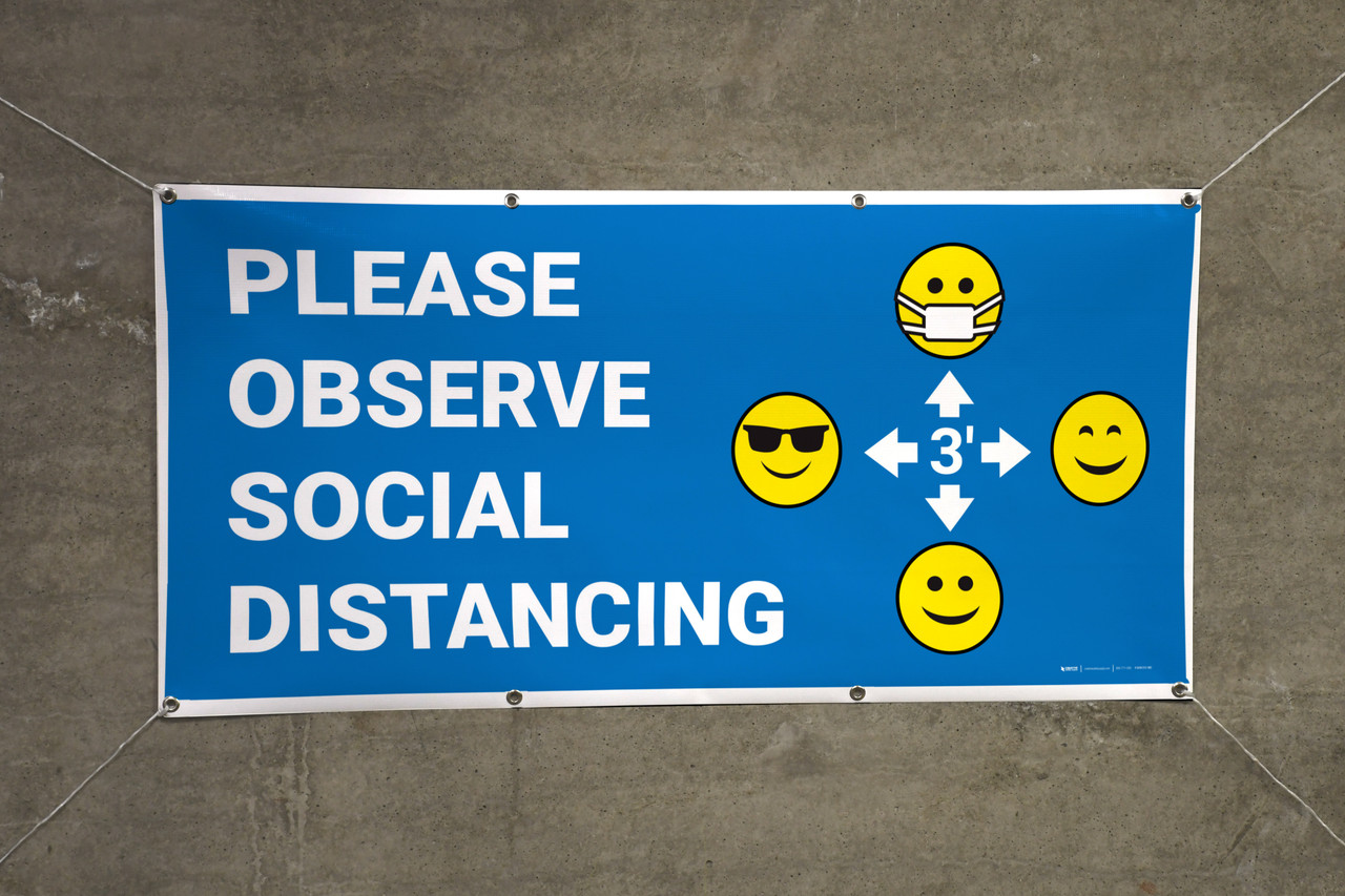 Please Observe Social Distancing 3ft with Multiple Emojis Blue - Banner