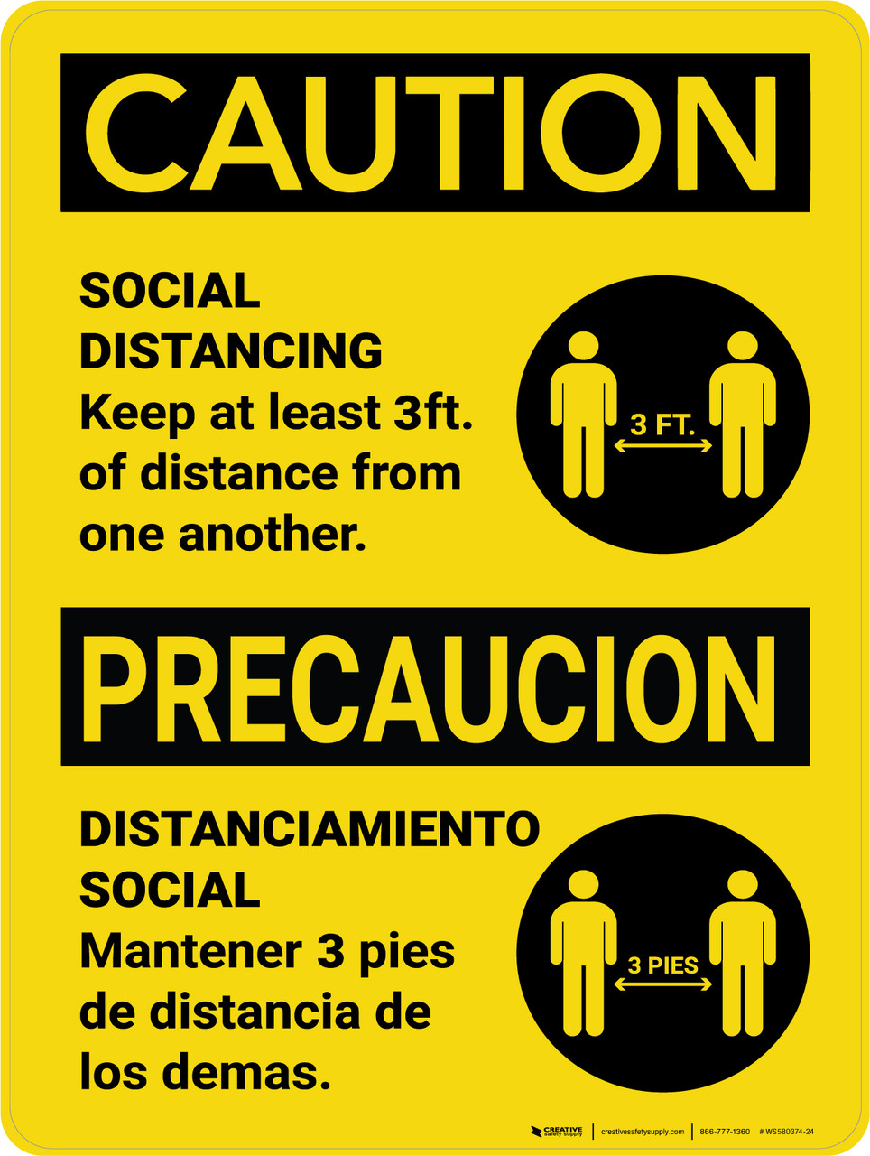 Caution: Social Distancing Keep 3ft Precaucion Bilingual Spanish with ...