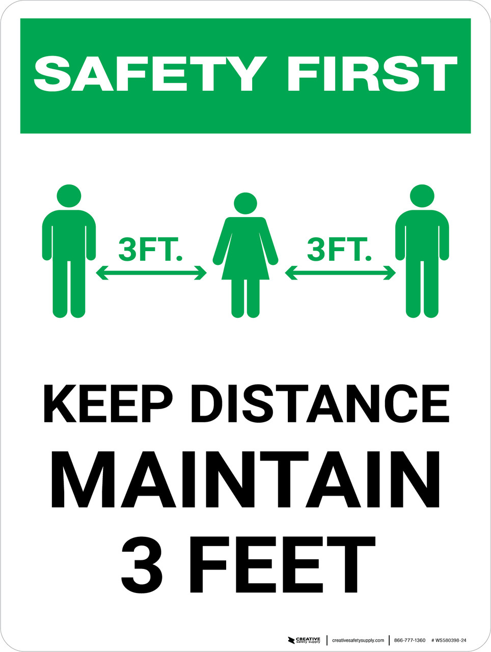 Safety First: Keep Distance Maintain 3ft with Icon Portrait - Wall Sign