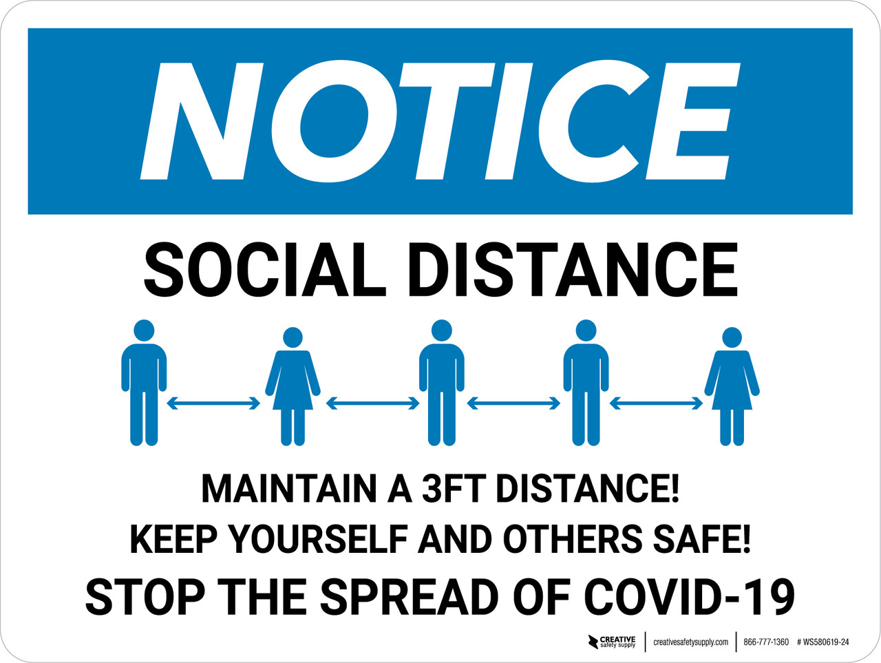 Notice: Social Distance - Maintain a 3ft Distance Landscape - Wall Sign