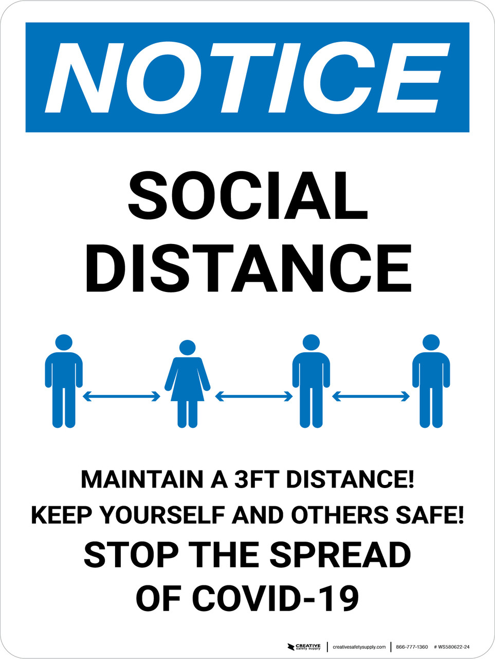 Notice: Social Distancing - Maintain a 3ft Distance Portrait - Wall Sign