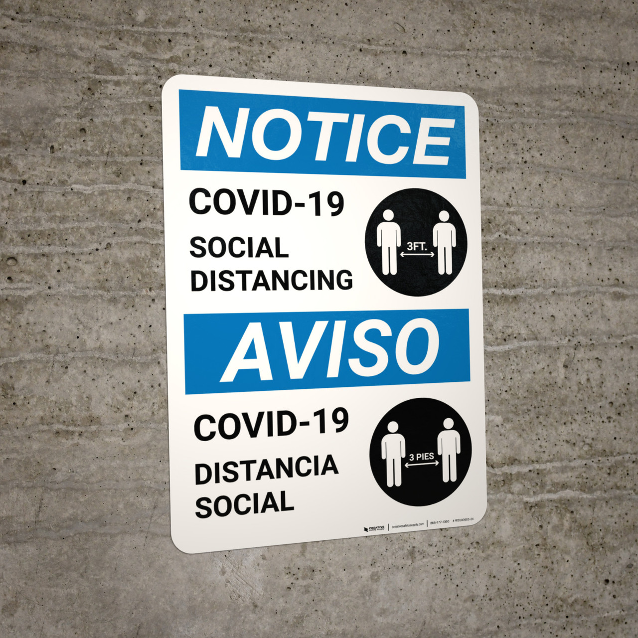 Notice: COVID-19 Social Distancing Bilingual Spanish with 3ft Icon ...